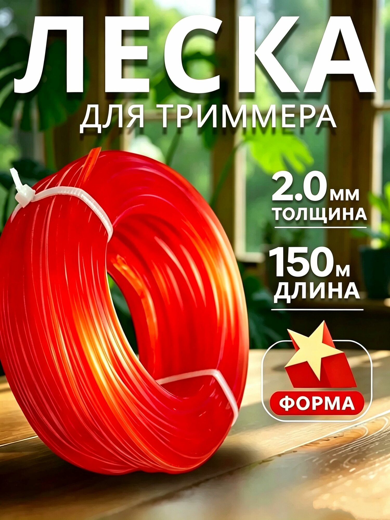 Леска для триммера 2.0 мм звезда, 150 м, из полиамида