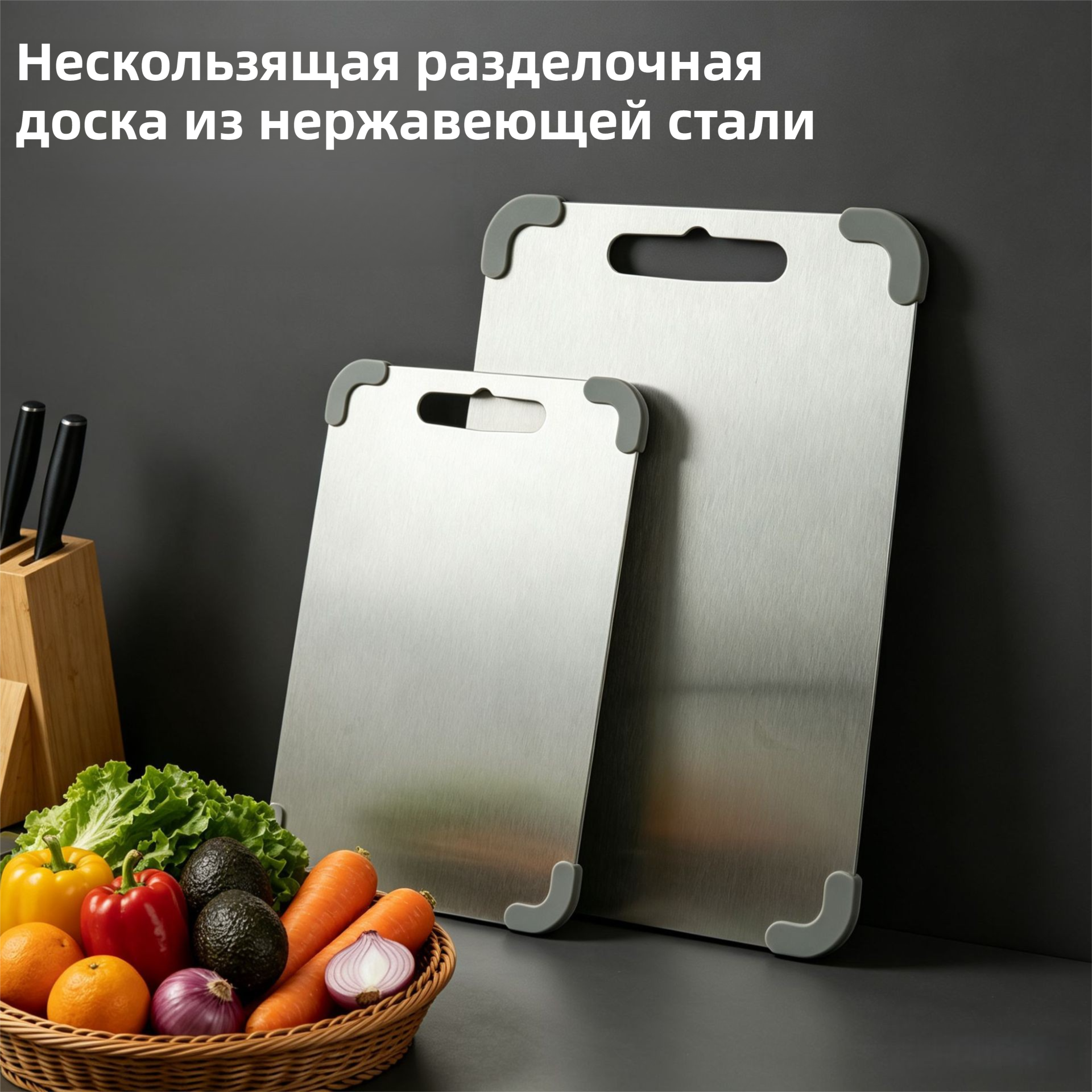 Разделочная доска из нержавеющей стали 304, обновлённая версия | С антискользящими силиконовыми уголками, двусторонняя
