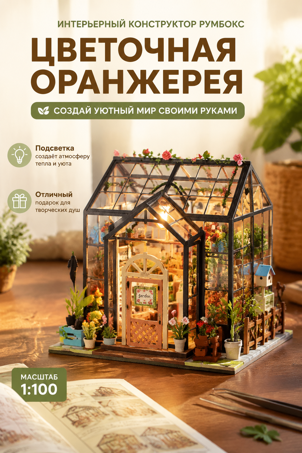 Интерьерный конструктор румбокс «Цветочная оранжерея» с подсветкой, 1:100