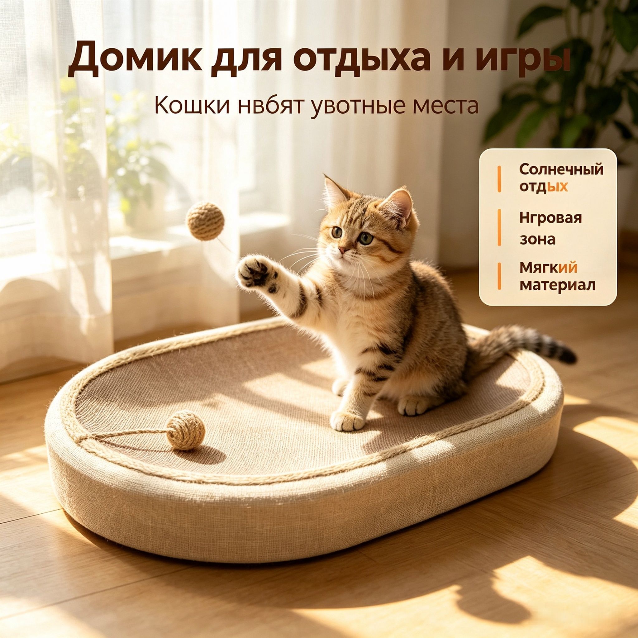 Лежачая когтеточка для кошек из натурального сизаля, устойчивая к царапинам и истиранию, с веревочным игровым мячом 57*37CM