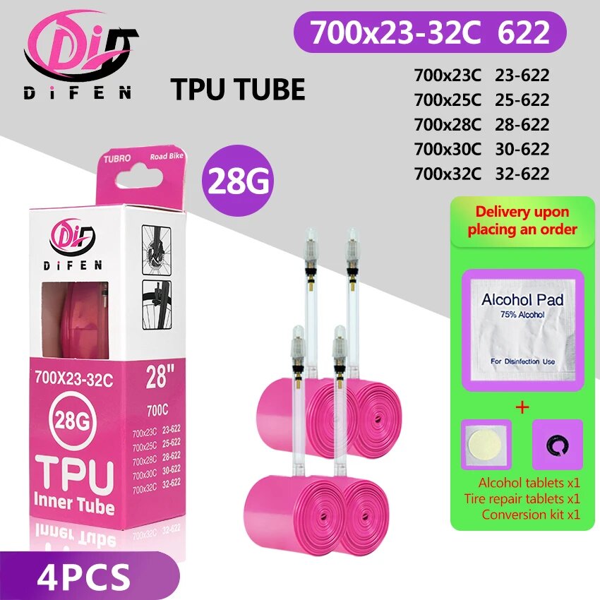DiFEN Внутренняя велосипедная камера ТПУ 700x23C 25C 28C 32C Pink 700x23-32C 4PCS, 85mm