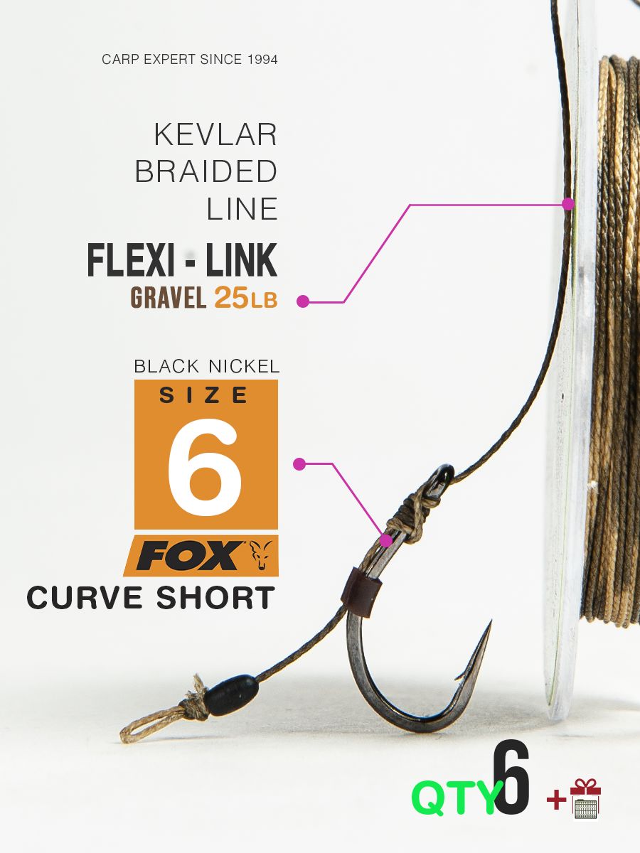 Готовые рыболовные поводки с крючком FOX Curve Shot №6, FUN FISHING KEVLAR 25lb - 18см, в уп. 6шт