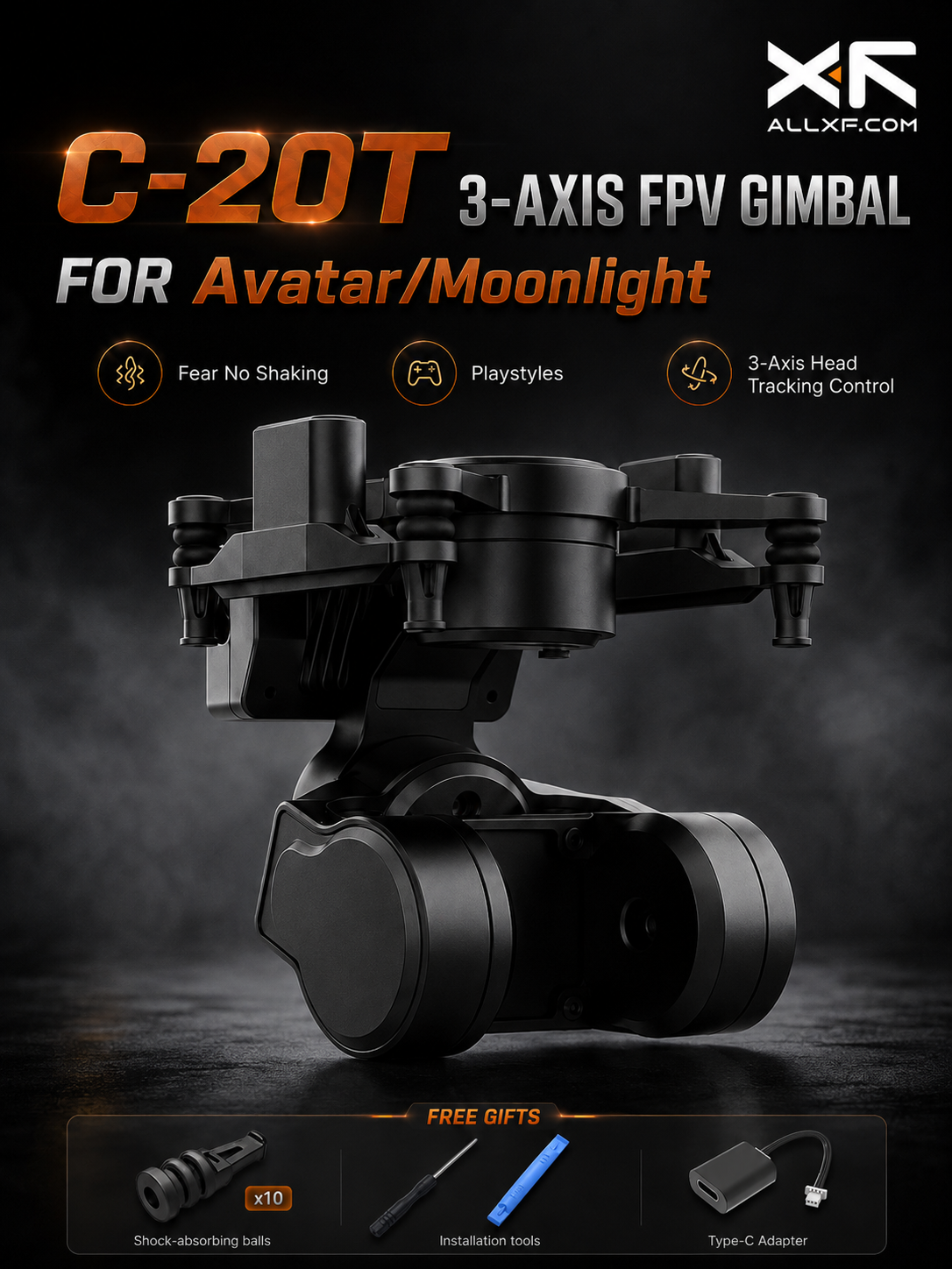AllXF-C-20T 3-осевой подвес высокоточный стабилизатор Гимбал gimbal для O4 Pro/O4/O3 Walksnail Avatar/Moonlight аналоговых камер, Машинки с RC