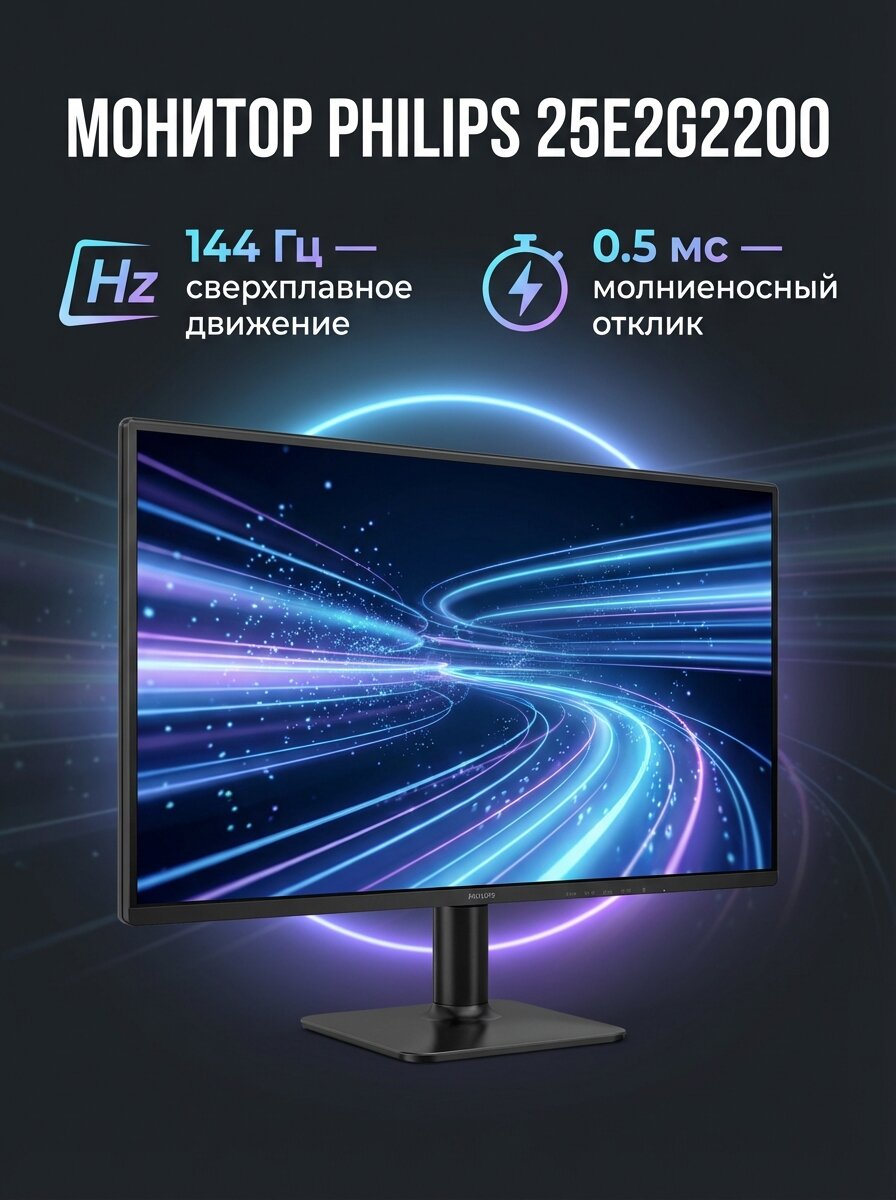 Монитор Philips 25E2G2200 24.5', 1920x1080, IPS, 144Hz, 1500:1, 300cd, 0.5ms, HDMI 2.0, DP 1.4, VESA, 3Y, Black