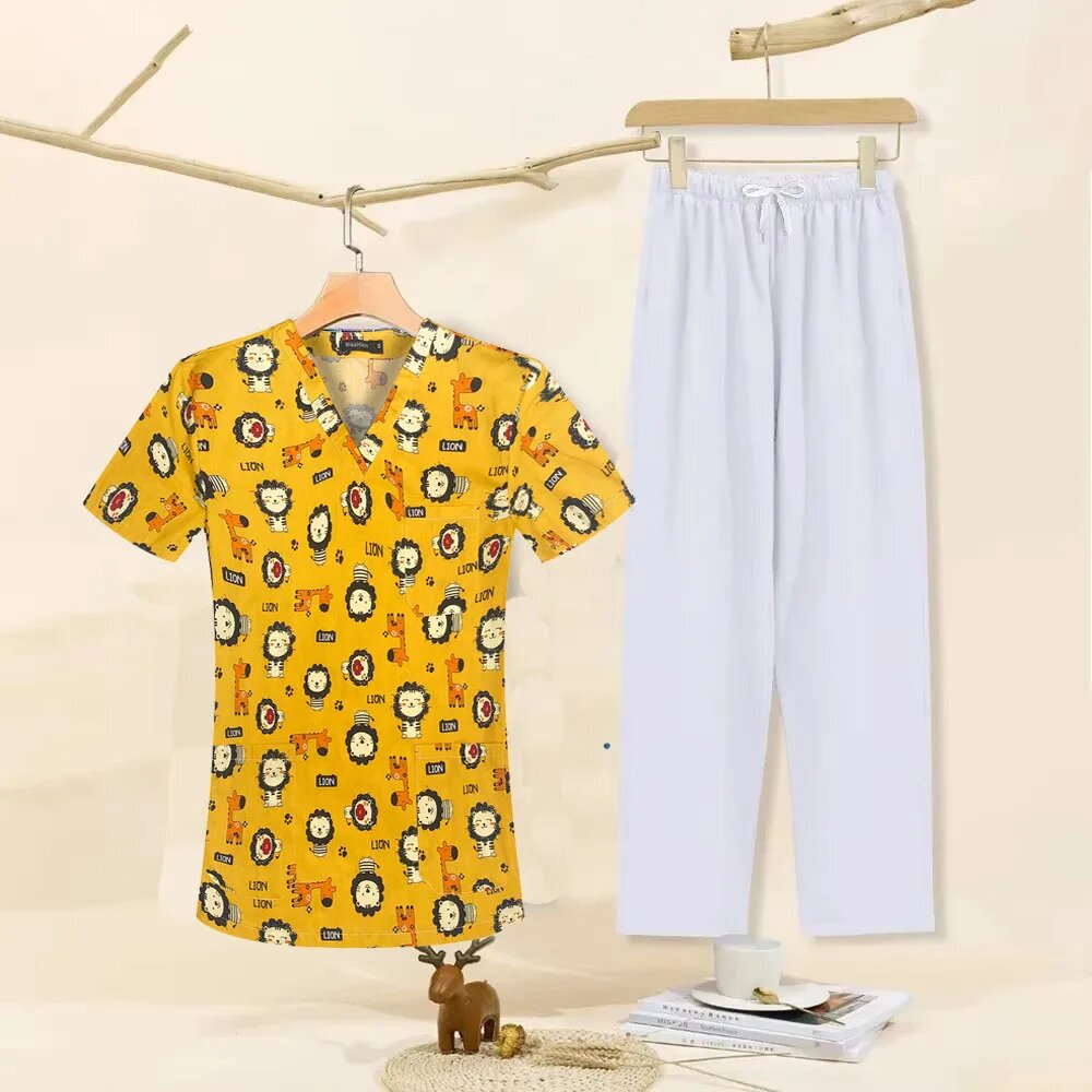 Наборы медицинской одежды из хлопка и полиэстера Желтый, М, top pants set as pic