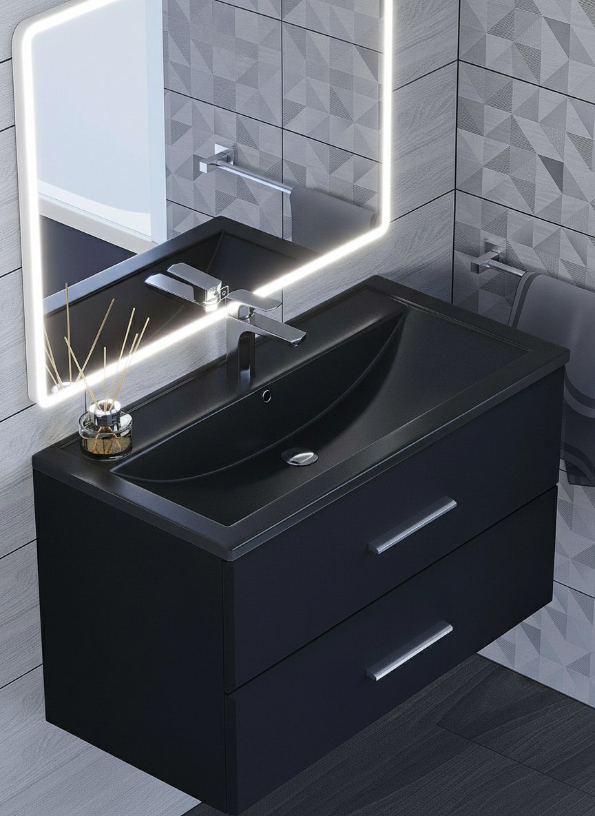 Раковина кварцевая для ванной Uperwood Foster Quartz 90 см, черная матовая, космос