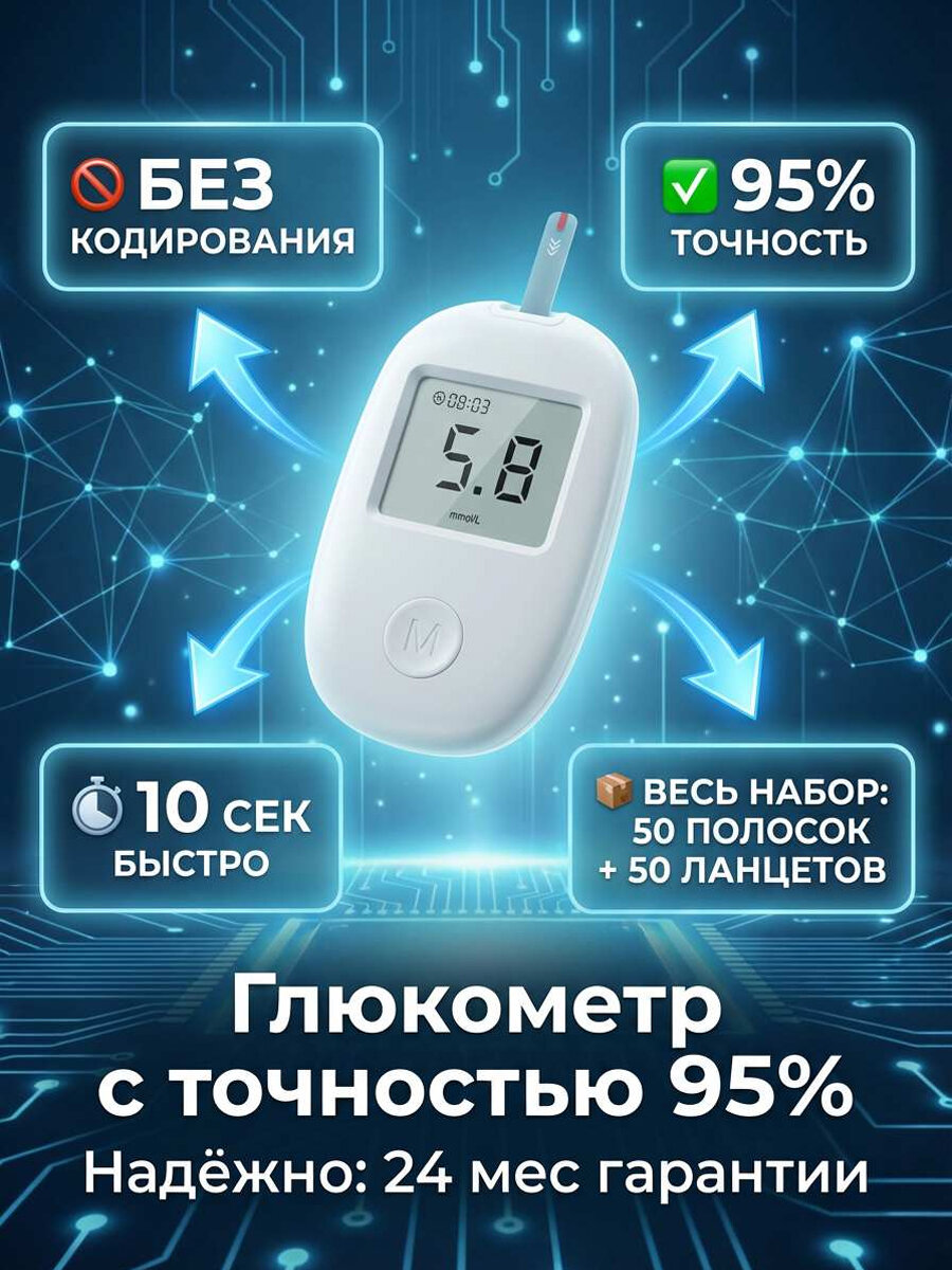 Глюкометр + 50 тест-полосок + ланцетов в наборе, измеритель сахара в крови, мониторинг глюкозы при сахарном диабете