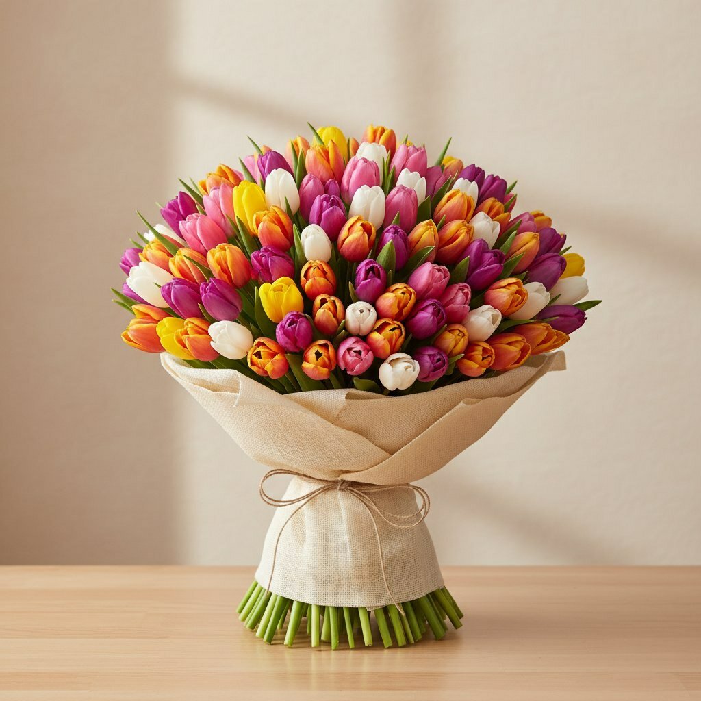 Букет из разноцветных тюльпанов 51 шт, красивый букет цветов, шикарный, премиум цветы, премиум букет