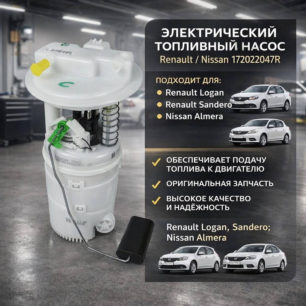 Насос топливный электрический Renault/Nissan 172022047R Подходит: Renault Logan, Sandero; Nissan Almera