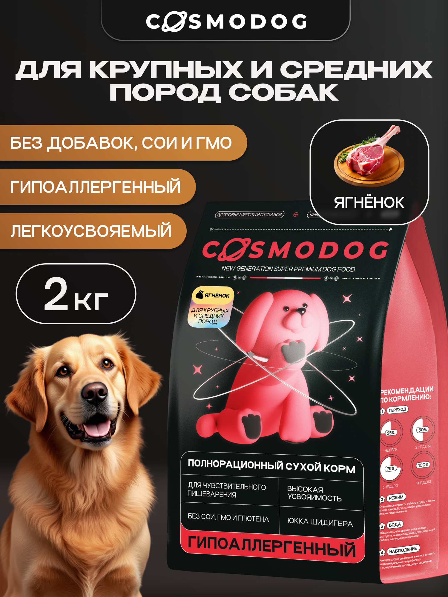Корм для собак сухой с ягненком 2 кг Cosmodog гипоаллергенный холистик супер премиум-класса для крупных и средних пород