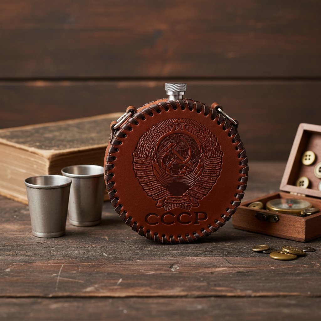 Фляга круглая СССР (натуральная кожа)