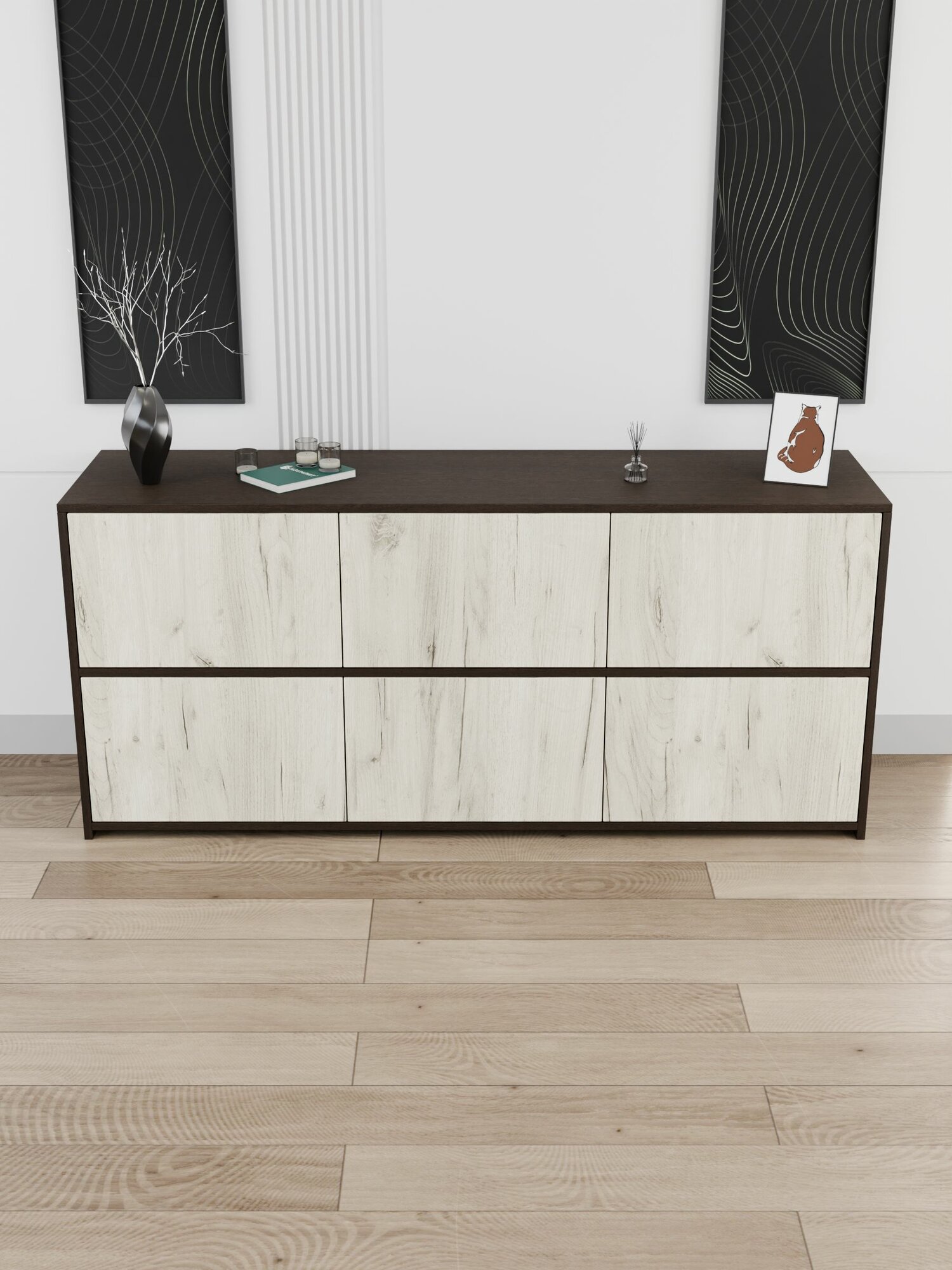 Изумлит Комод для белья и одежды Каллисто 150х66.8х40 см, венге/дуб крафт белый