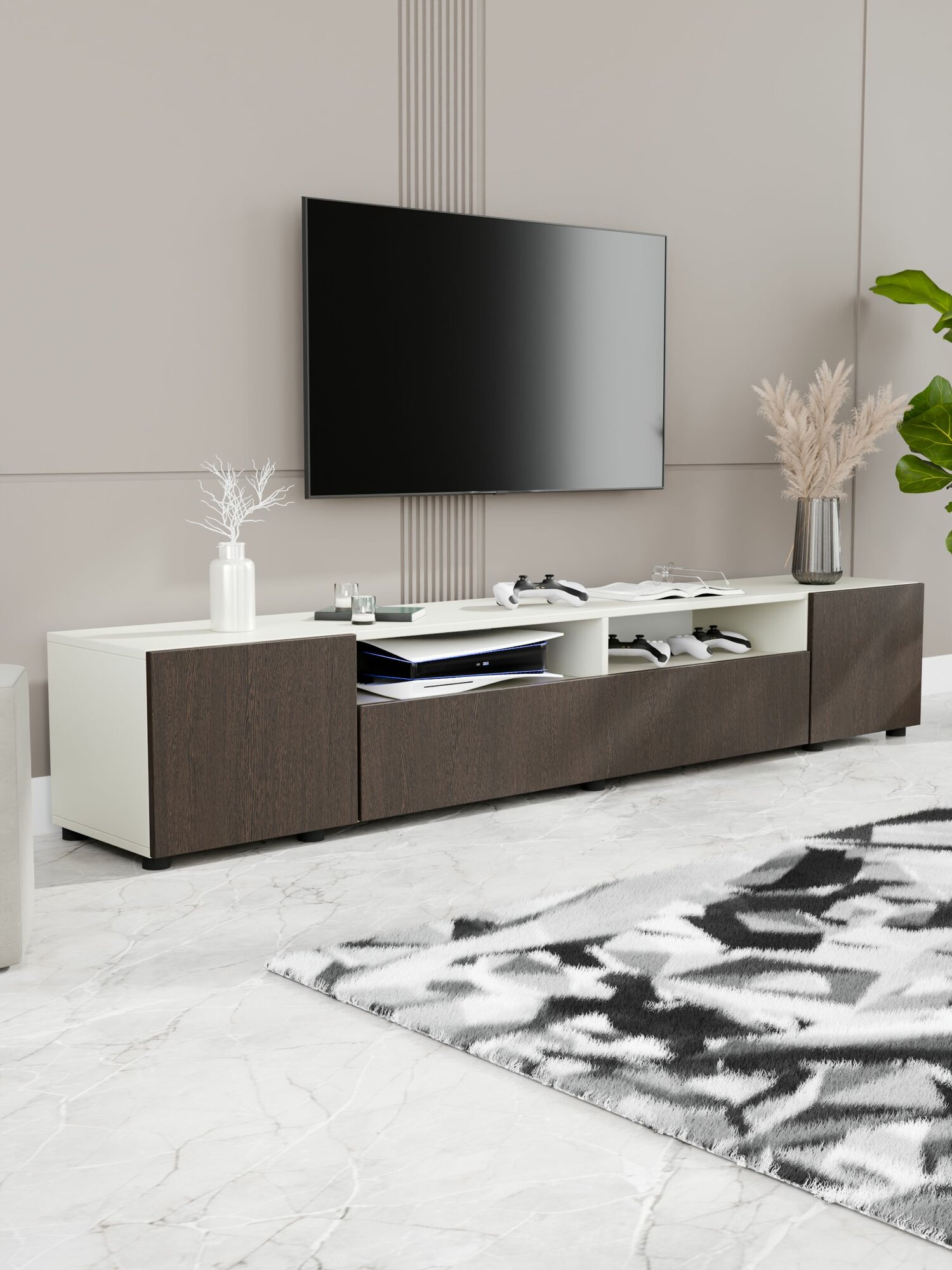 Тумба под телевизор горизонт 200х37.8х36.3 см, бежевый кашемир/ фасад венге