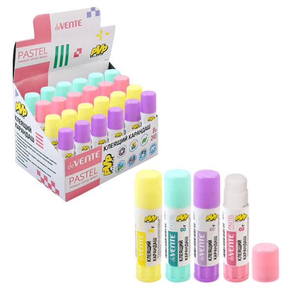 Клей-карандаш DeVente Pastel, 8 г, на основе PVP, быстро сохнет, 24 штуки