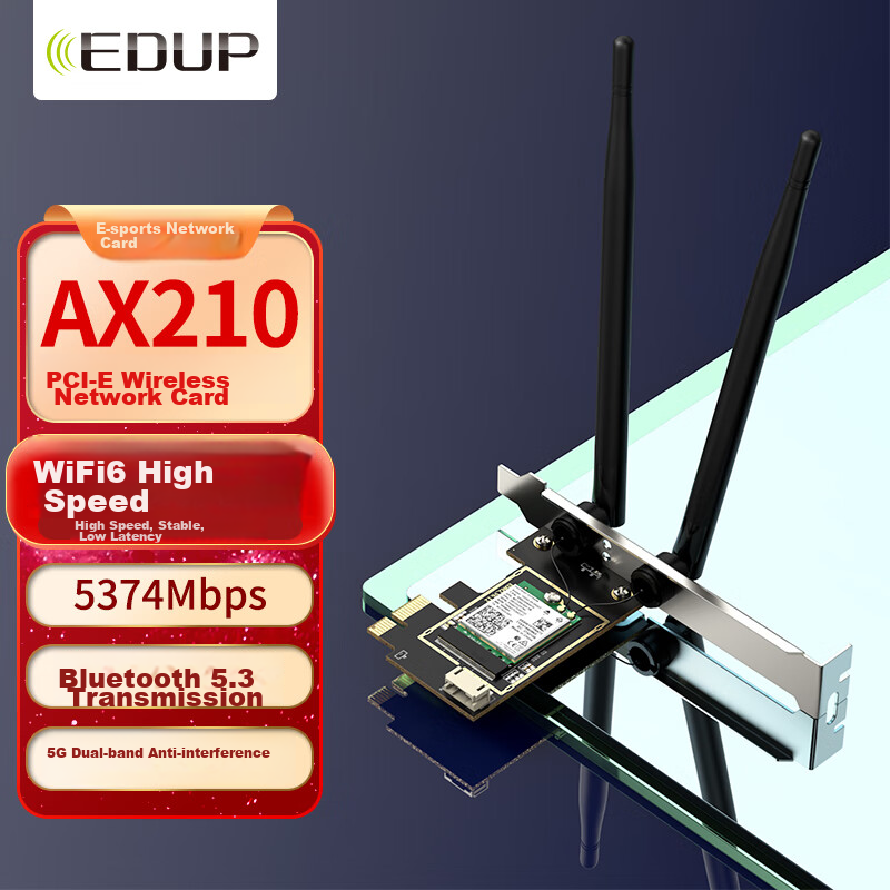 EDUP WiFi 6 Wireless Network Card for Desktop, AX210 Gaming Dual-Band 5G, PCIe Wireless Network Card, WiFi 6 Bluetooth 5.3 Two-In WiFi Receiver EP-9651ES