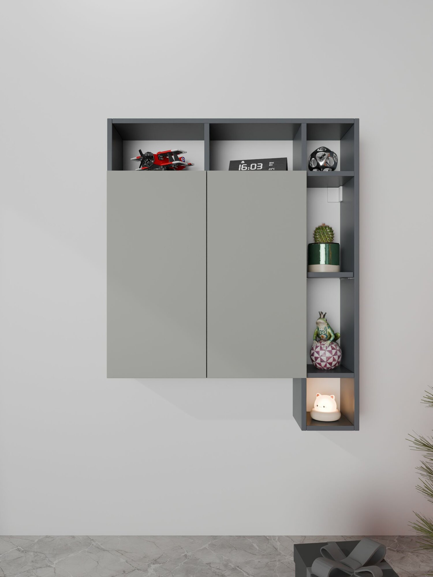 Изумлит Полка навесная закрытая модуль Эра 98.3х79.3х21.6 см, графит-шиншилла серая