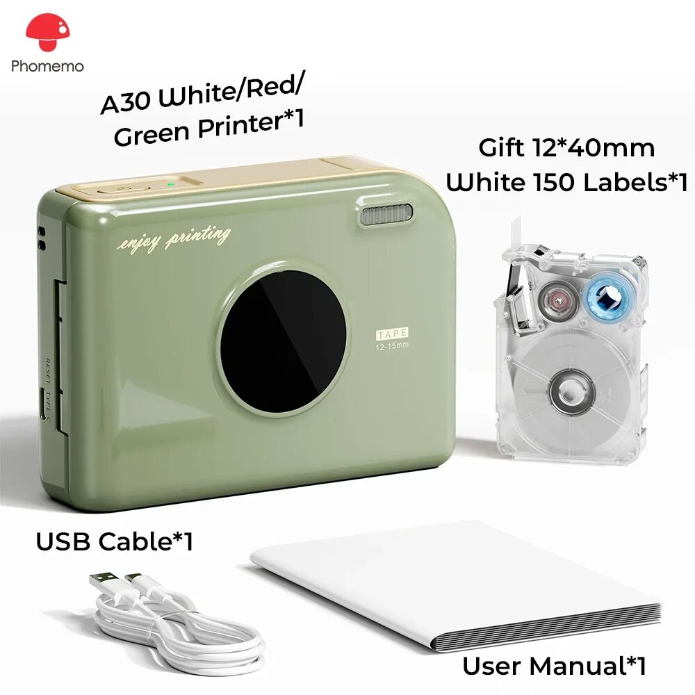 Беспроводной Bluetooth-принтер этикеток Phomemo A30 без чернил, 12 мм, перезаряжаемый, Green
