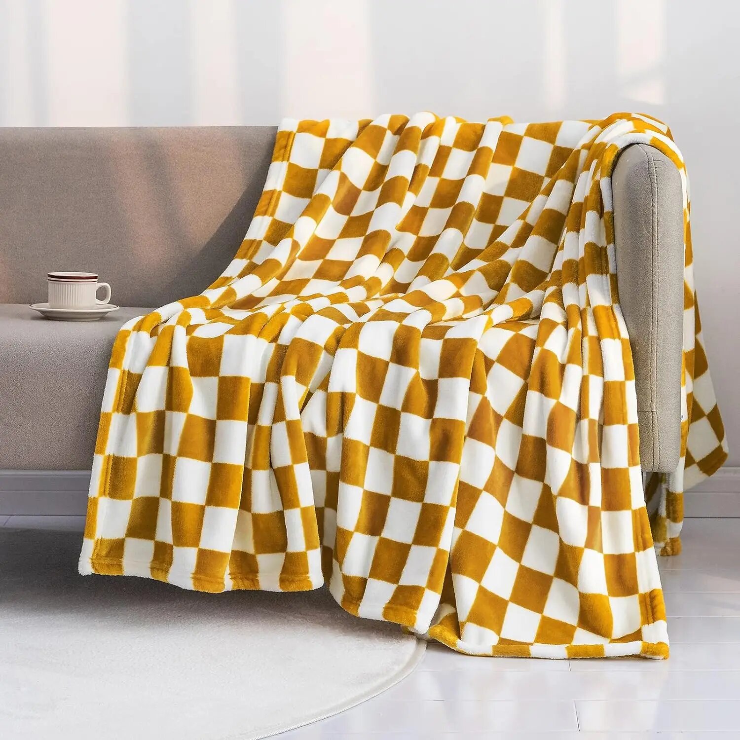 Шахматное одеяло из полиэстера Желтый, 200x230cm, Yellow