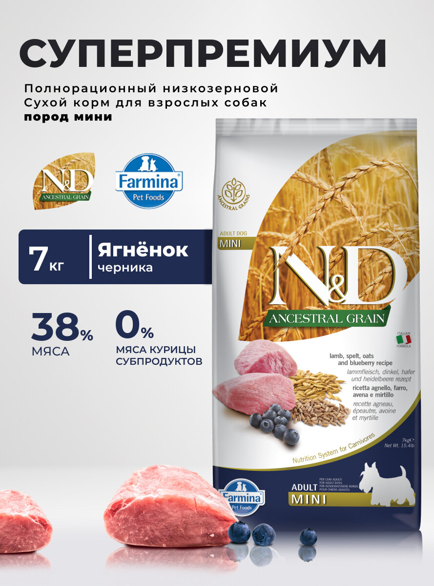 Корм для собак Farmina N&D Ancestral Grain, ягненок с черникой, 7 кг