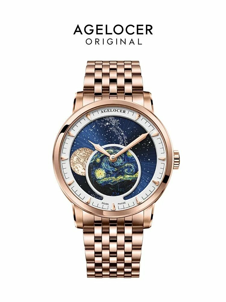 Agelocer Часы наручные Механические 6401D9 Astronomer Series: механические часы с автоматическим подзаводом, водонепроницаемость 5 бар, механизм Cal. A4610, 80-часовой запас хода, сапфировое стекло, фаза луны, ремень из телячьей кожи/нержавеющей стали