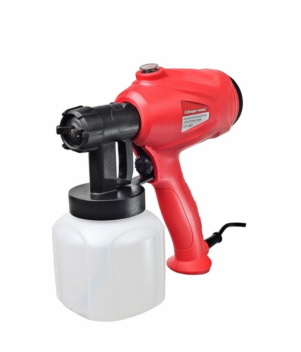 Краскопульт Энергомаш электрический, мощность 400 Вт, 600 мл/м, вязкость краски 50 DIN/сек, сопло 2.0 мм, бак 0.8 л КП-451