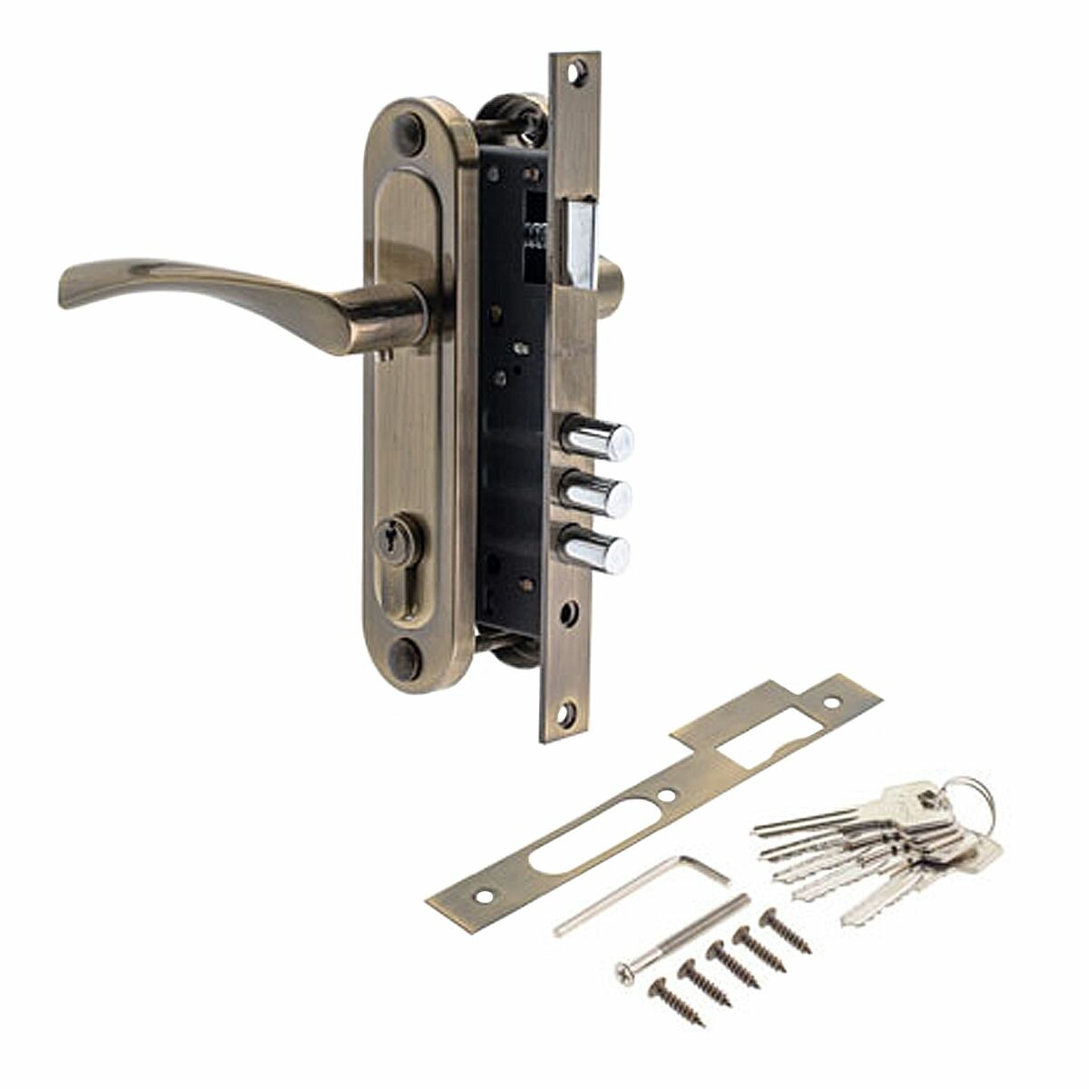 Замок врезной AVERS 70 мм, бронза, 3 ригеля, цилиндровый, английский ключ (1523/60-AB)