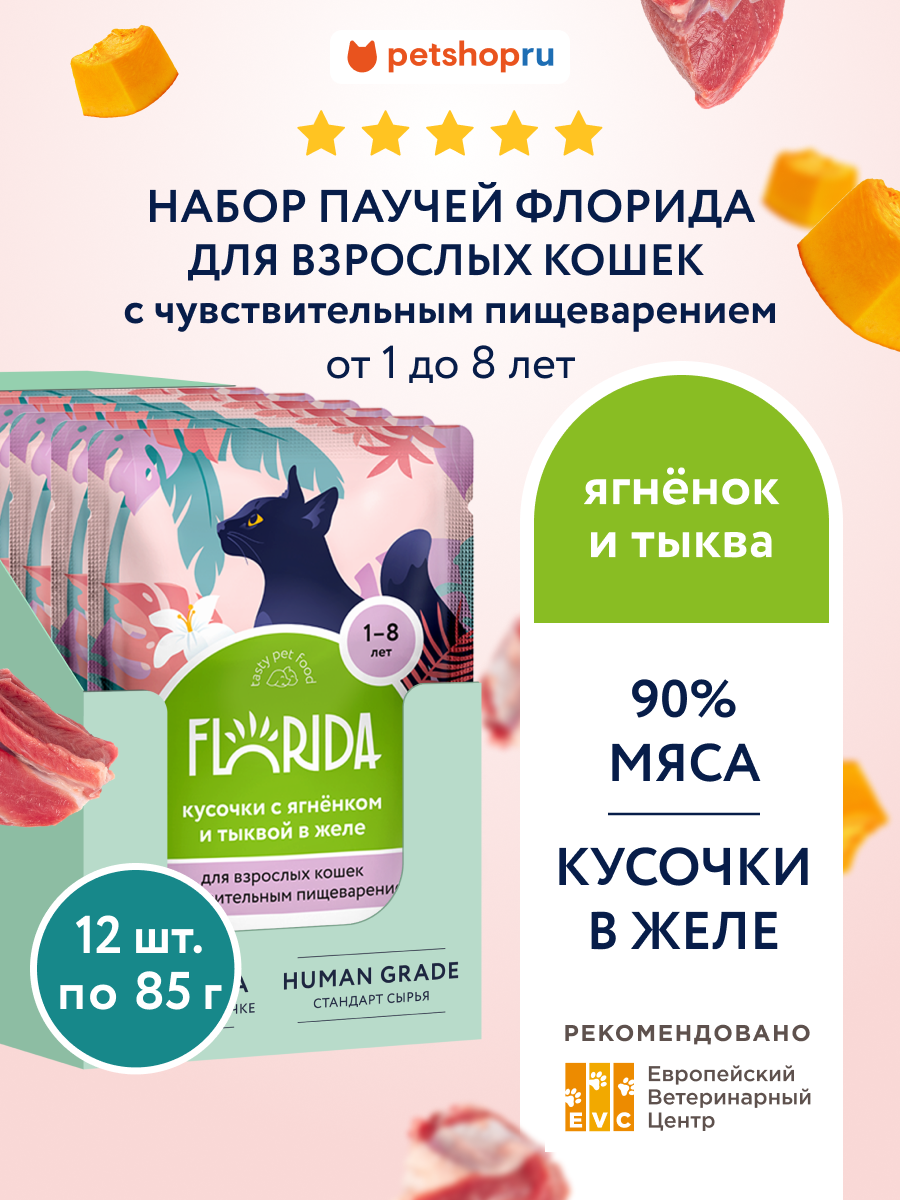 FLORIDA Паучи для кошек, влажный корм для взрослых кошек с чувствительным пищеварением, кусочки с ягненком и тыквой в желе, набор 12 шт