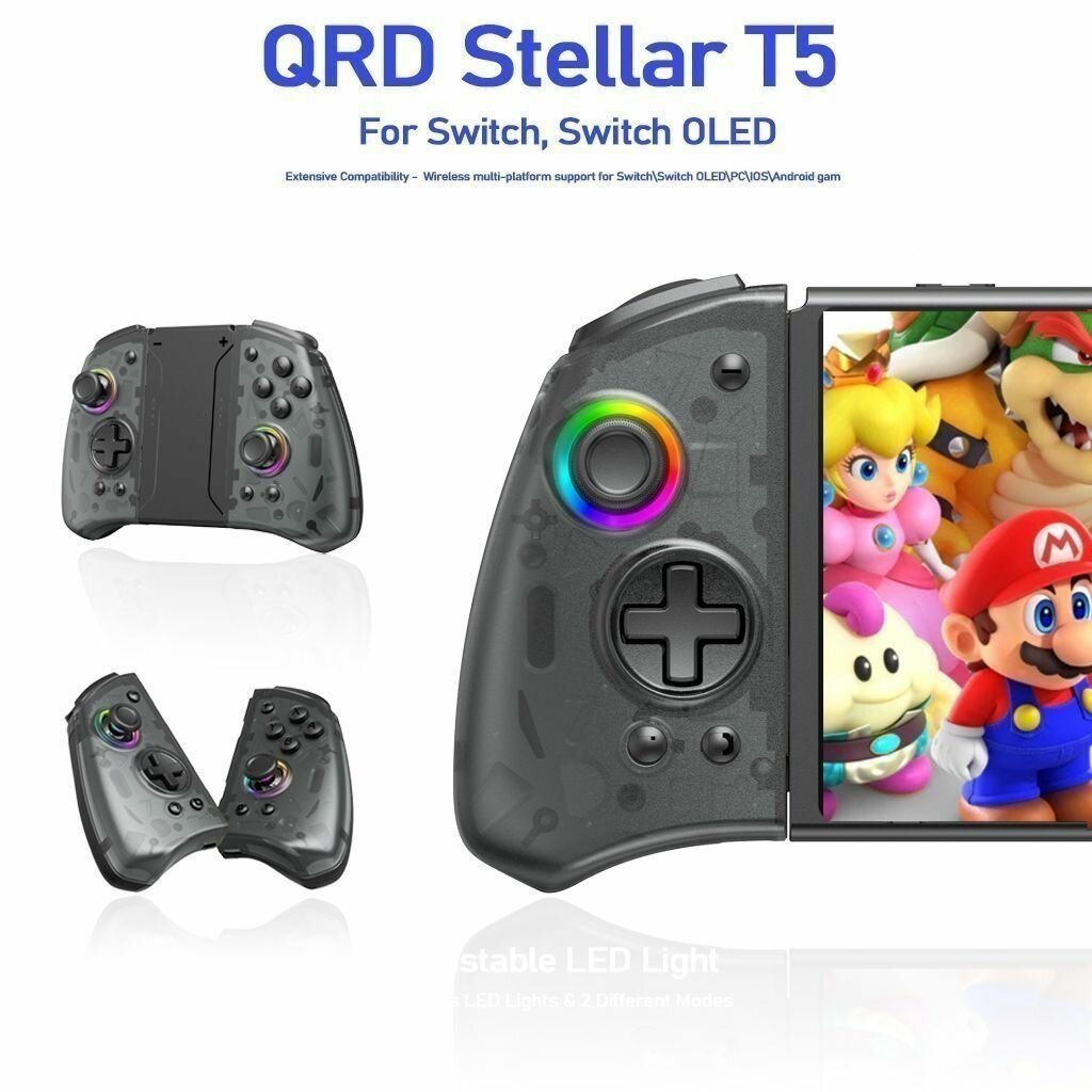 Беспроводной премиум контроллер QRD Stellar T5 с технологией эффекта Холла в джойстиках предназначен для Switch, Lite, PC, IOS и Android, оснащенный программируемыми макросами и турбо функцией-