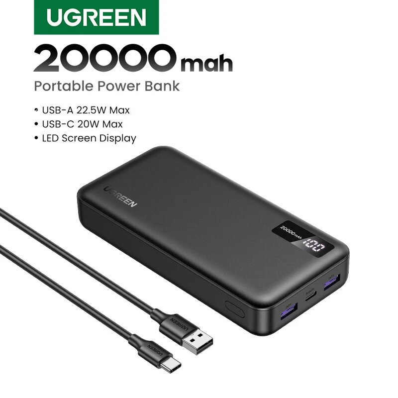 UGREEN 20000 мАч PD 20 Вт Power Bank с быстрой зарядкой Портативный PowerBank для iPhone 17 16 Black
