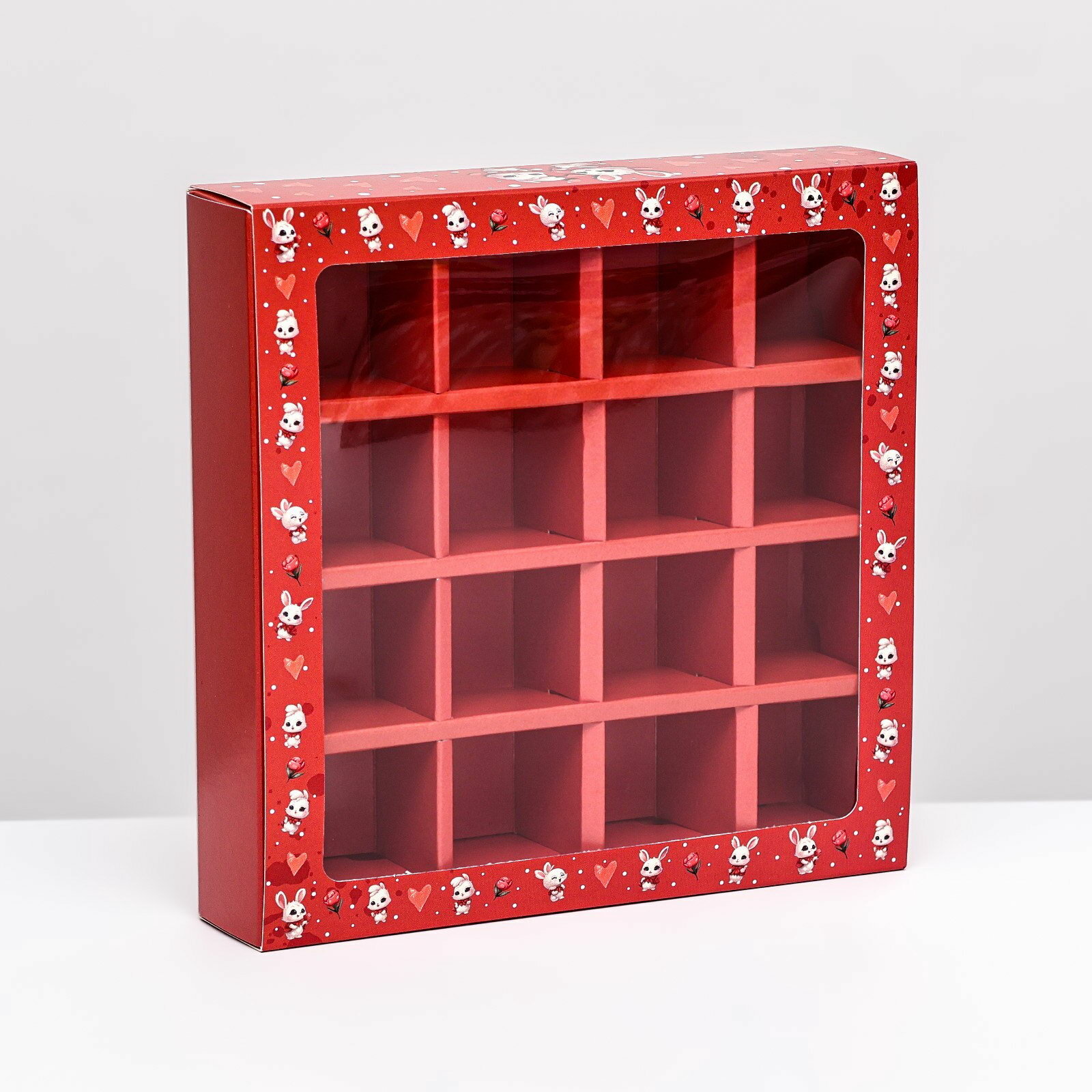 Коробка под 16 конфет, красная "Зайки" 17.7x17.7x3.8 см, вид еды: для десертов, 5 шт.