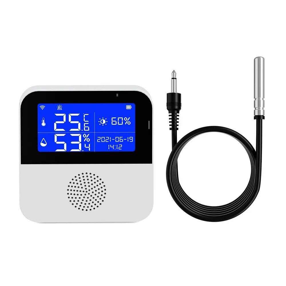 Гигрометр термометр метеостанция, Wi-Fi, TuyaAS90W, управление через приложение, с линией измерения температуры 1 м