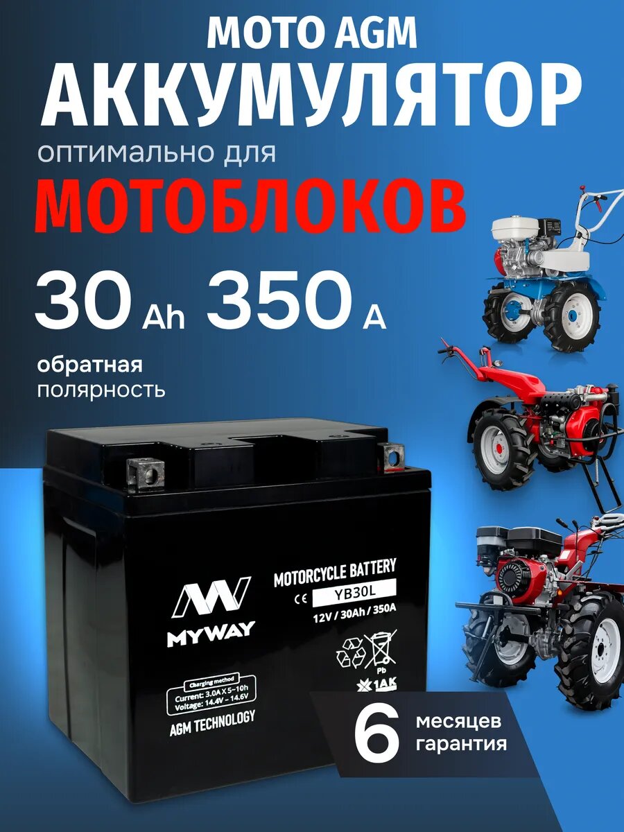 Аккумулятор для мотоблока, культиватора 12v 30ah AGM