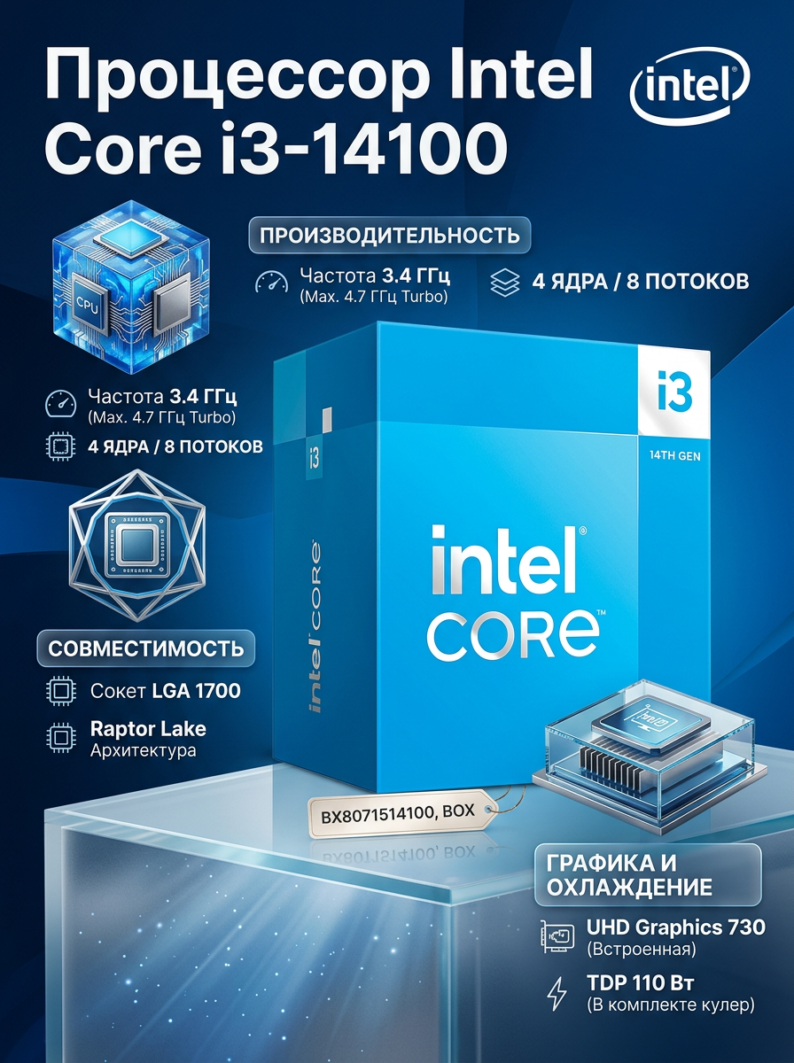 Процессор Intel Core i3-14100 (CPU LGA1700, Raptor Lake, 4C/8T, 3.4/4.7GHz, 5MB, 110W, UHD Graphics 730), BX8071514100, BOX