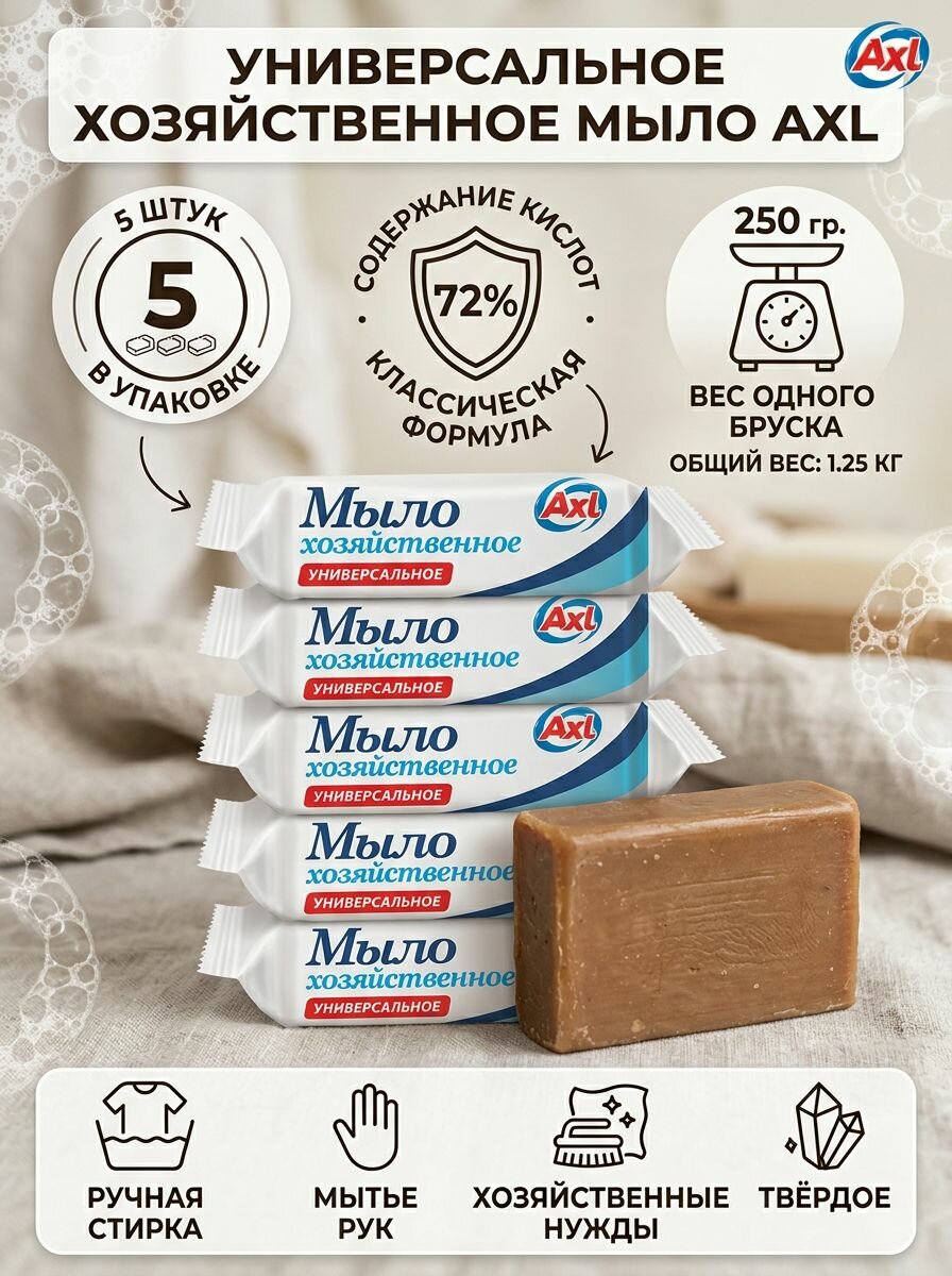 Мыло хозяйственное, 72%, твердое, 5 шт. по 250гр.