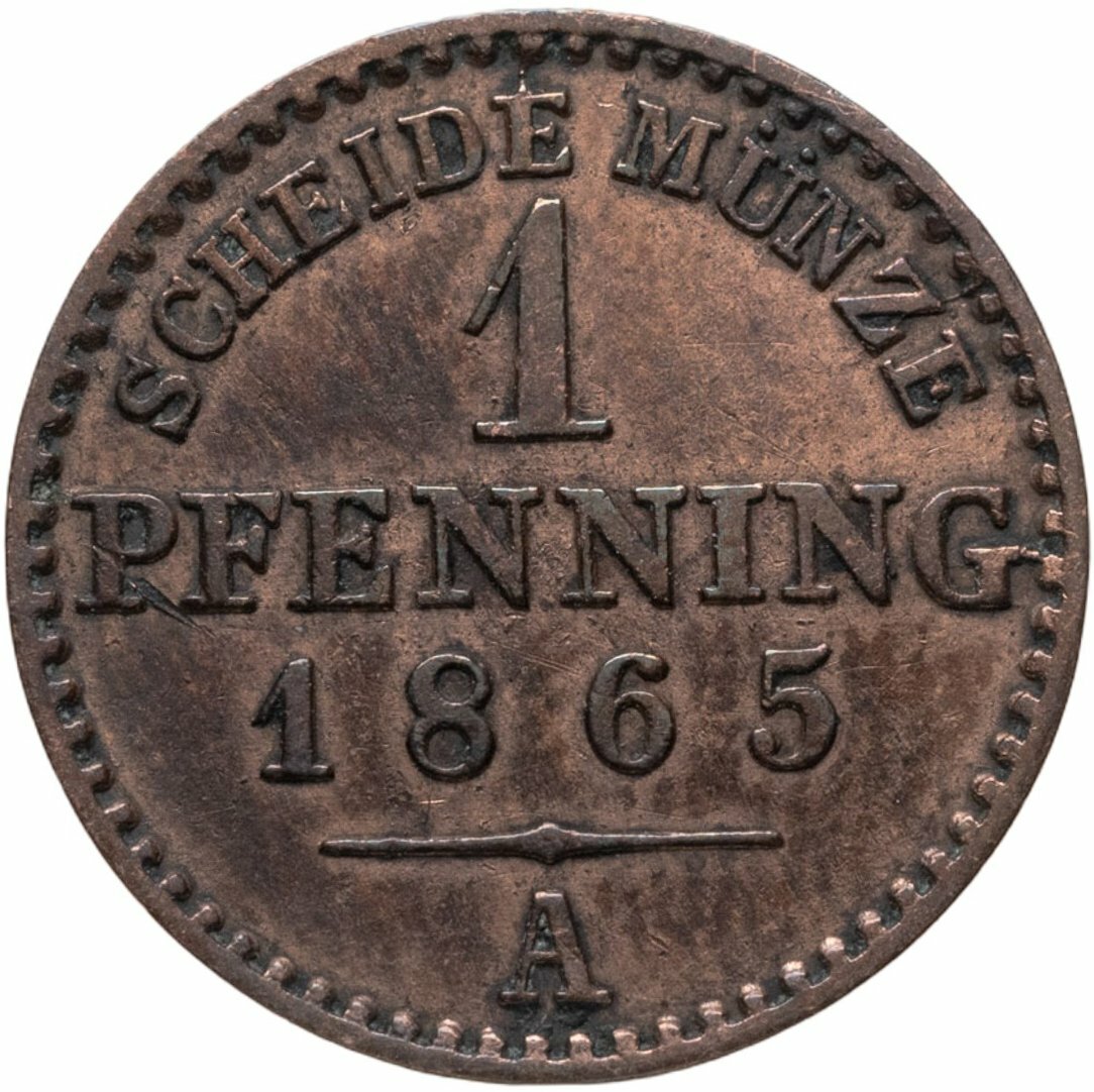 Пруссия 1 пфеннинг 1865 А, Медь, в сохранности VF-XF