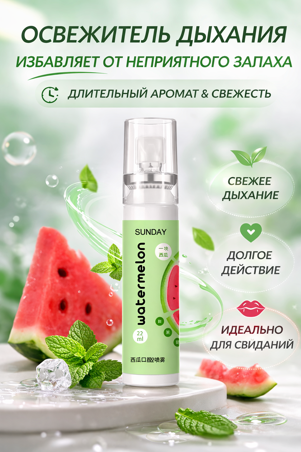 Освежитель для полости рта 20 мл с ароматом арбуза, компактный формат и свежесть дыхания