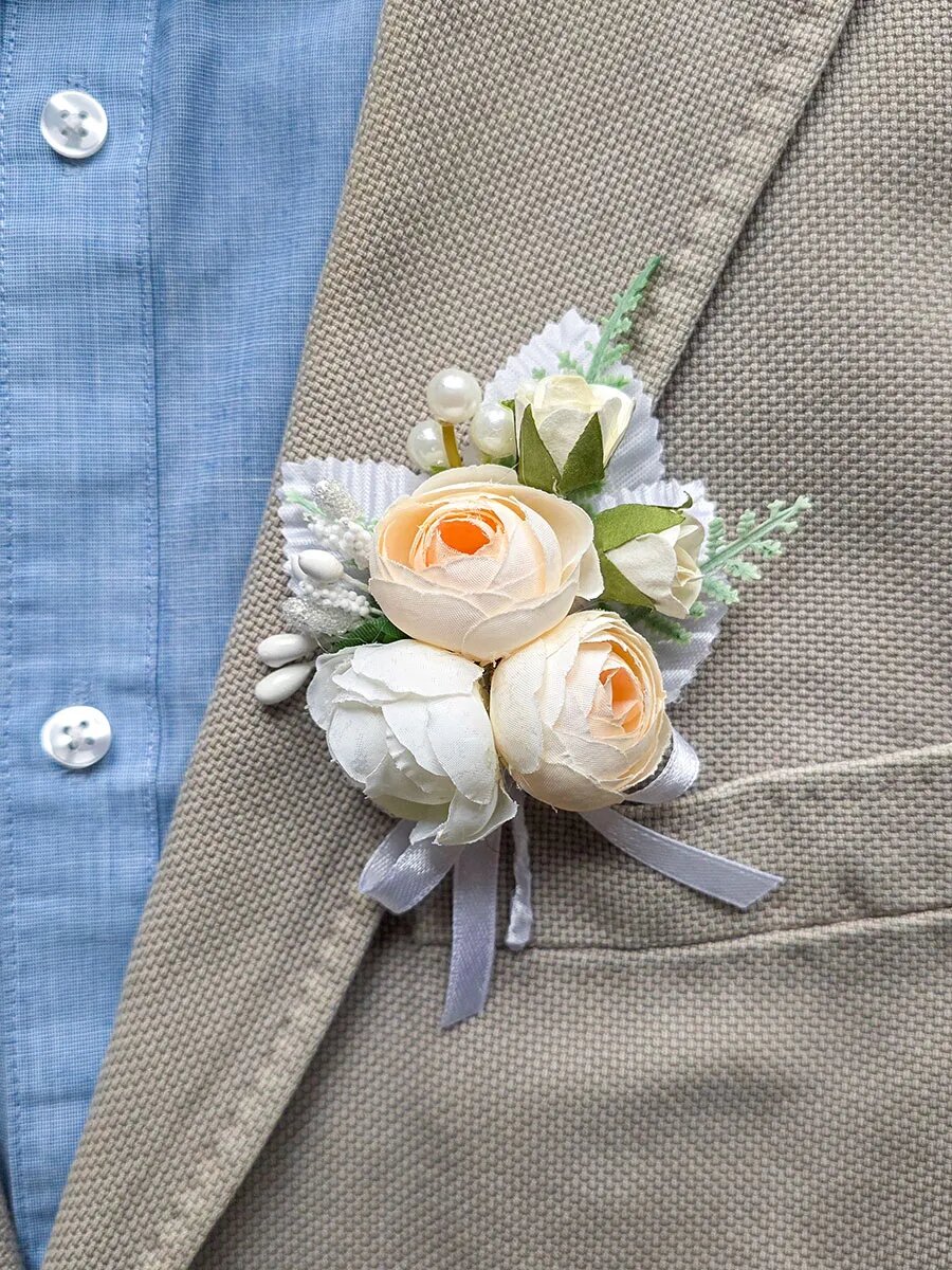 Бутоньерка для жениха для костюма пиджака или на рубашку, на булавке, свадебный цветок