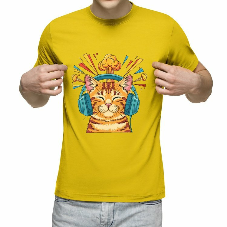 Мужская футболка «Кот в наушниках слушает музыку» (желтый, 2XL)
