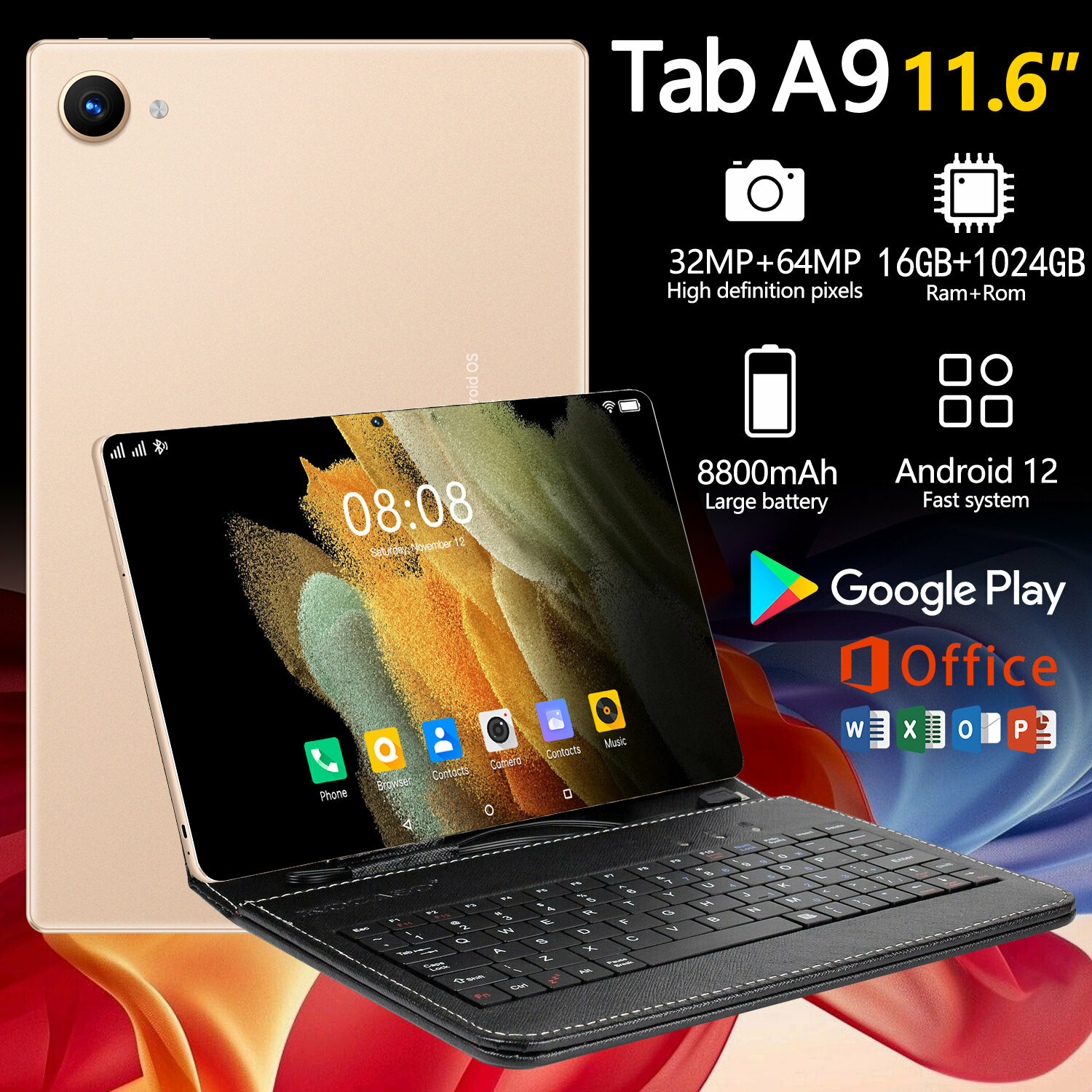 Игровой планшет Tab A9, с клавиатурой и стилусом С мышью, 11,6", 1024ГБ, Android13