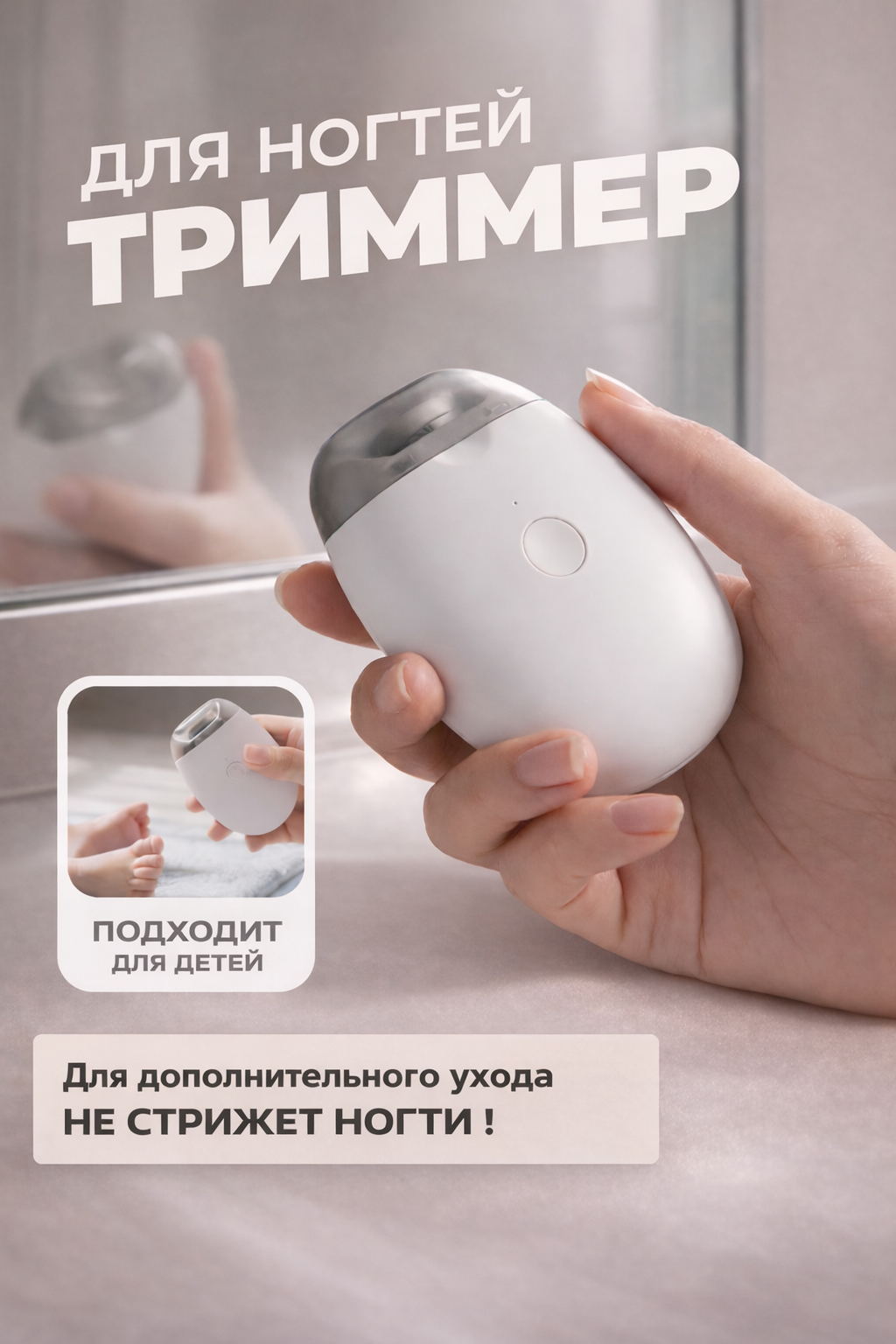 Триммер пилка для ногтей электрический, маникюрная, для взрослых и детей с подсветкой, белый