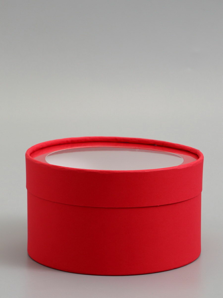 Подарочная коробка круглая, красная, завальцованная с окном, 18x10 см