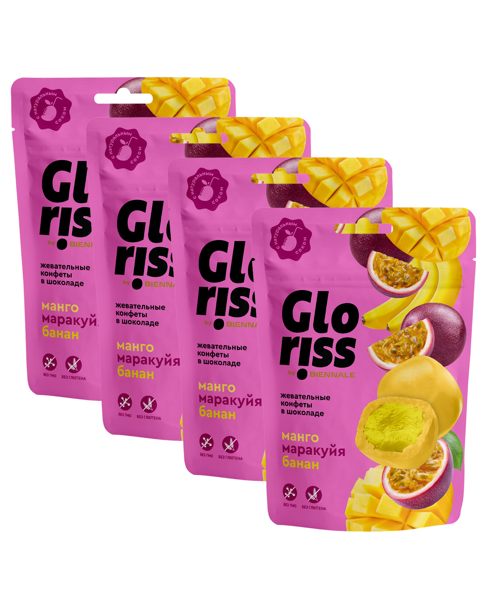 Жевательные конфеты Gloriss манго, маракуйя и банан, 75г х 4шт