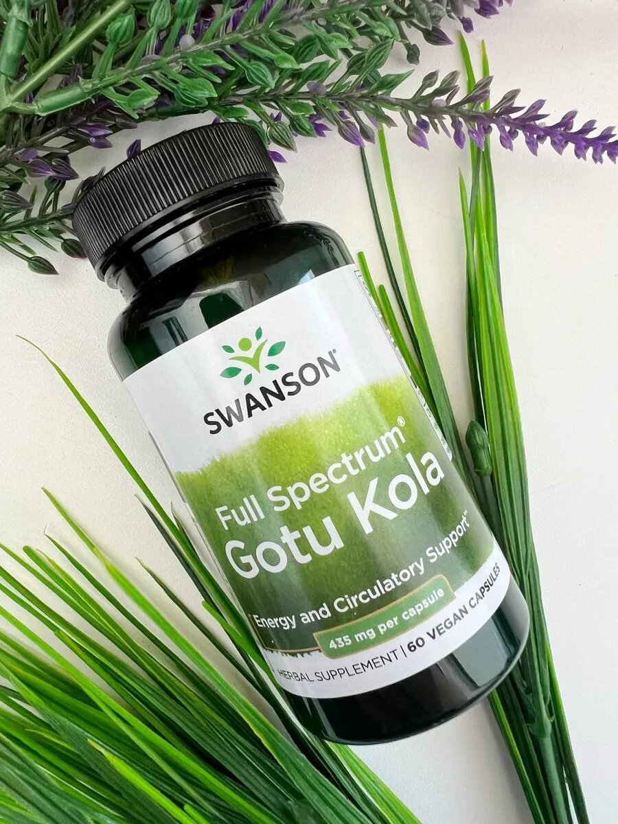 Готу кола для мозга, внимания, памяти, нервной системы Swanson Full Spectrum, Gotu Kola, 435 мг, 60 капсул