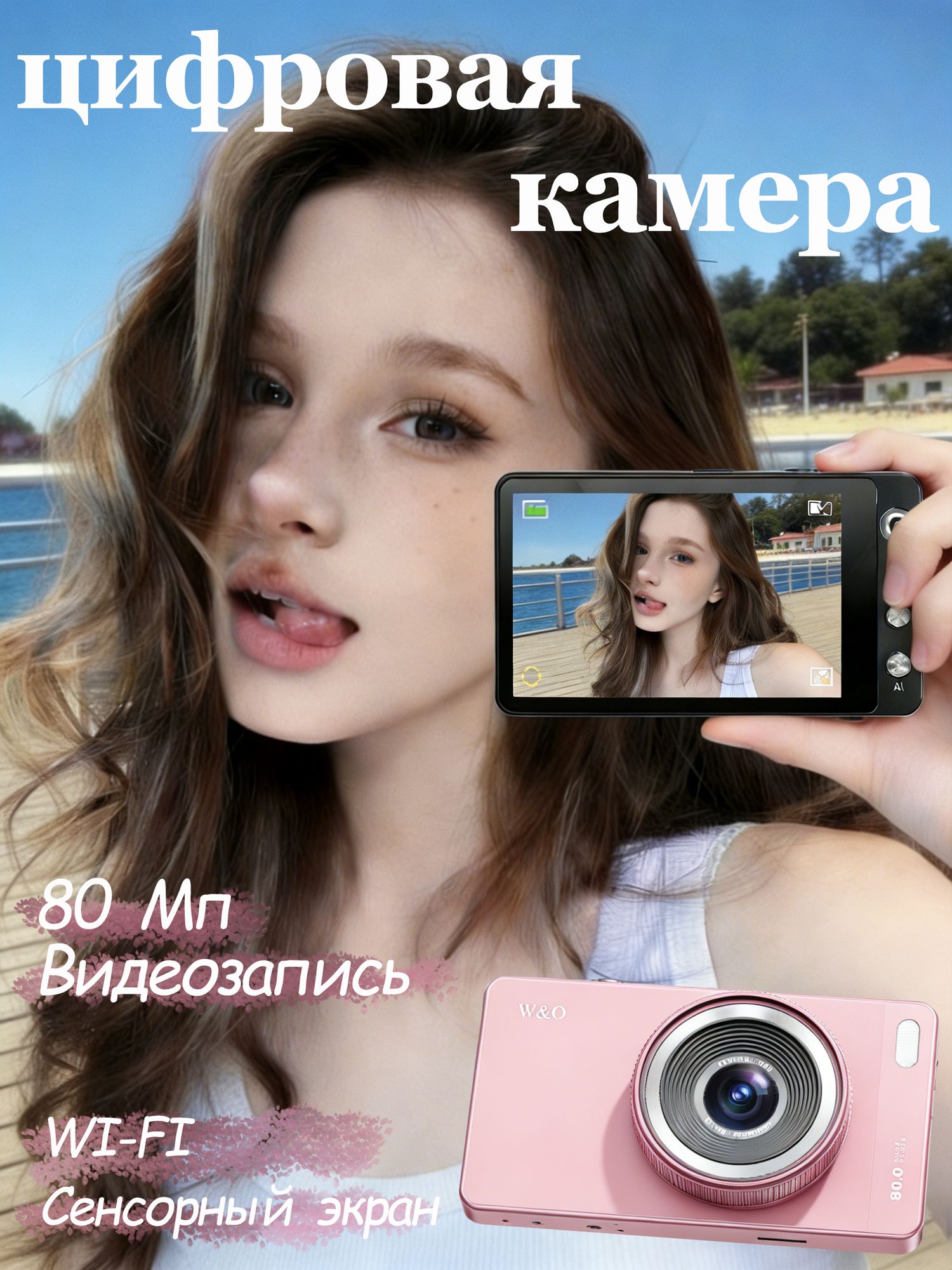 Портативная цифровая фотоаппарат, сенсорное управление, 80 Мп, MP4+ просмотр видео + Wi-Fi , жизненный рекорд, розовый