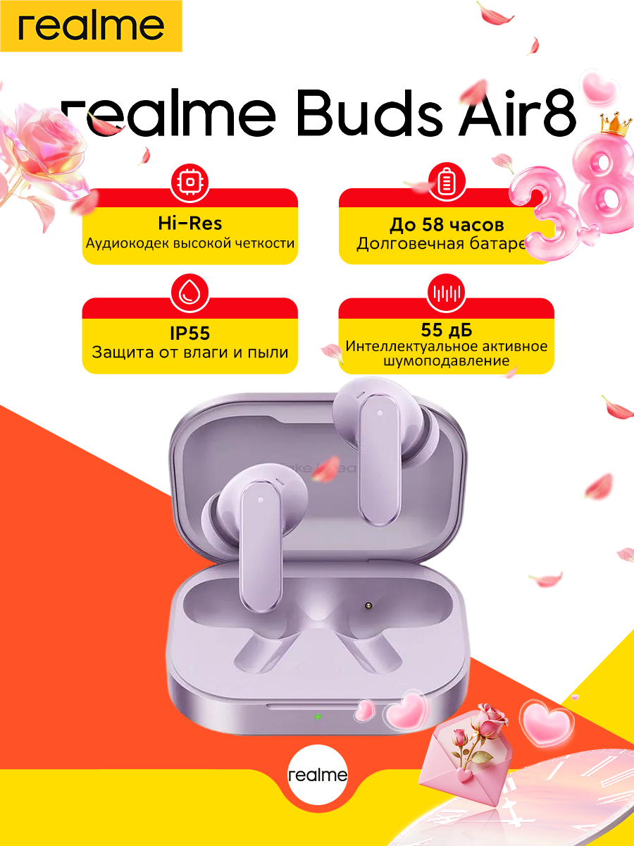 Беспроводные наушники realme Buds Air 8, глобальная версия, фиолетовый