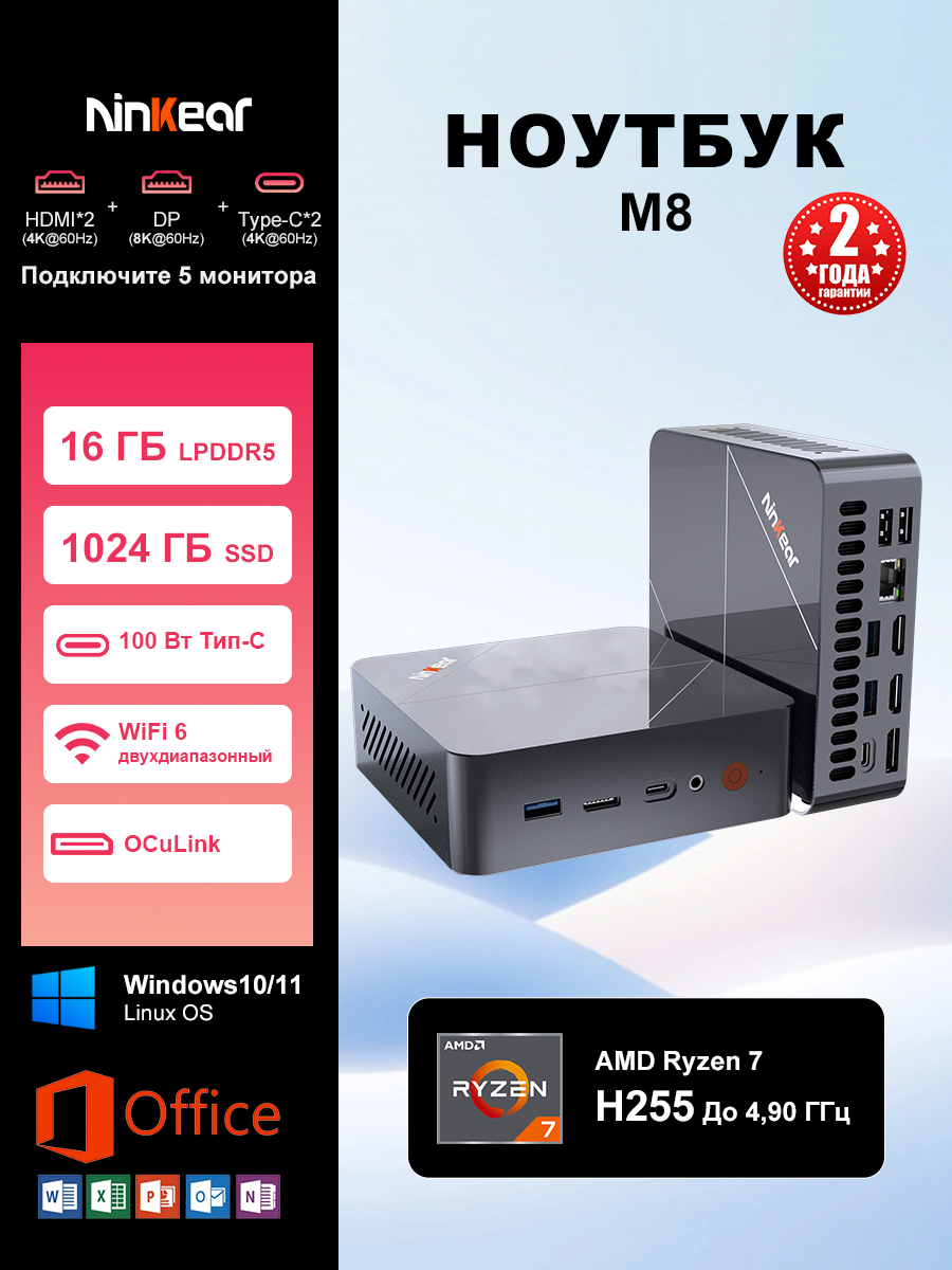 Мини-ПК Ninkear M8, AMD Ryzen 7 8745HS, 32ГБ RAM, SSD 1TB, черный