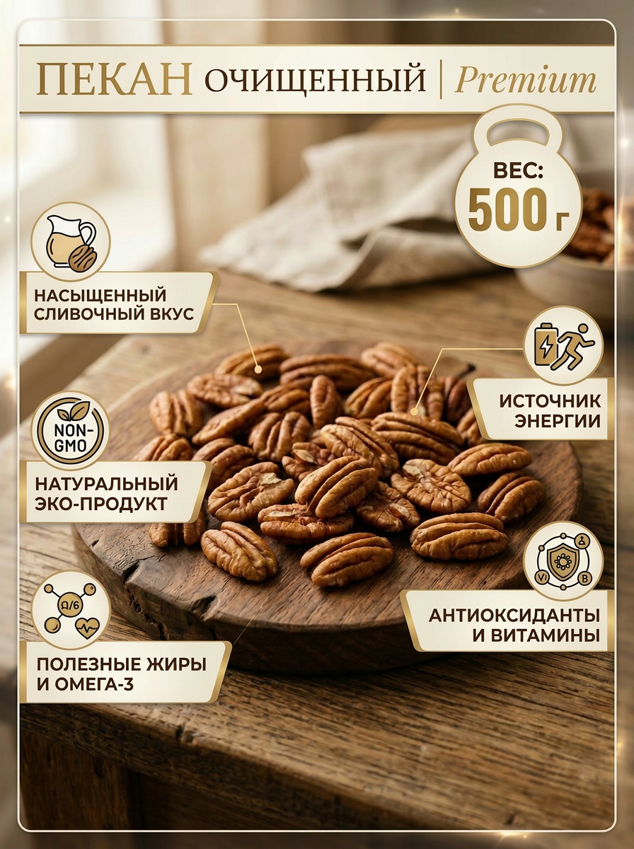 Пекан очищенный натуральный сырой половинки, без добавок, Аргентина, 500 г.