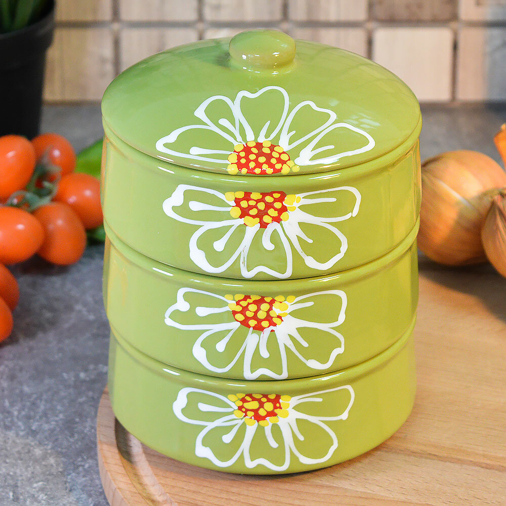 Набор форм для холодца 3 предмета, с крышкой, зеленый, рисунок ромашка