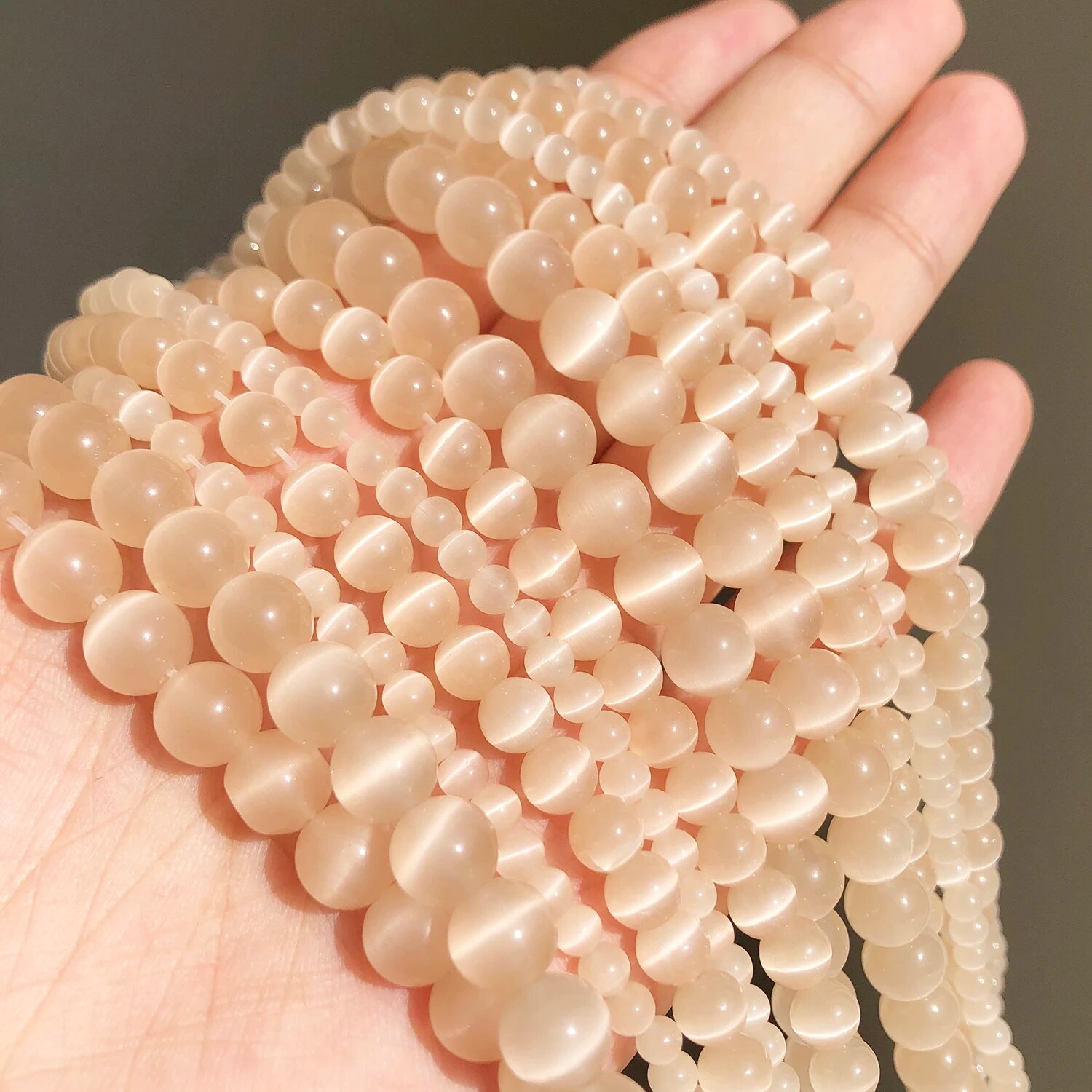 Бусины лунный камень кошачий глаз 4-12 мм LASOFAMIRE Бежевый, 10mm 36pcs beads, Light Champagne