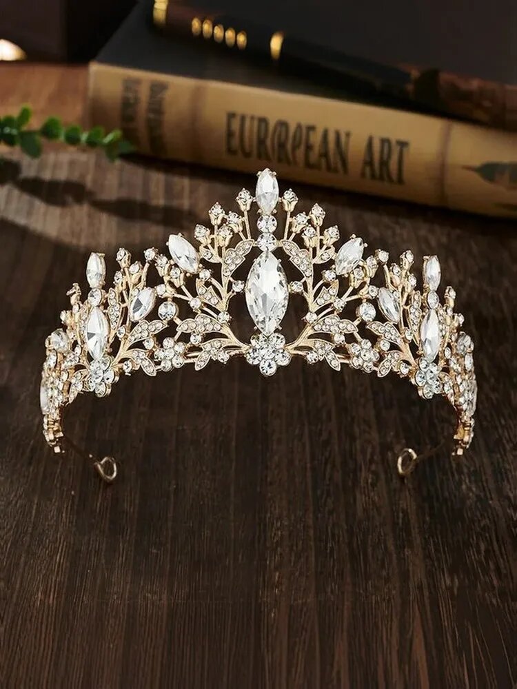 Диадема "Корона на голову", бижутерный сплав, кристаллы, золотистая